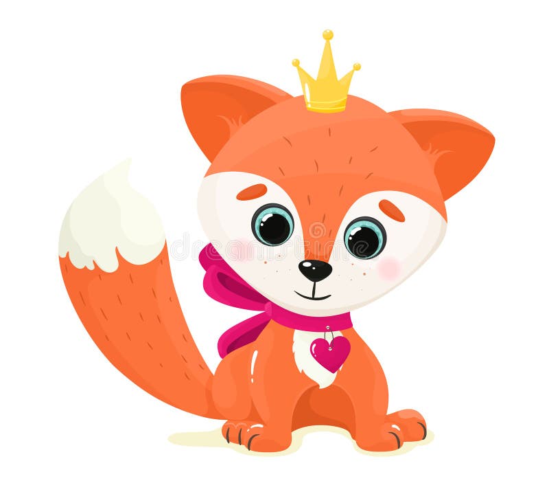 Cute Fox with a Crown and a Ribbon on His Neck. Vector Isolate in ...