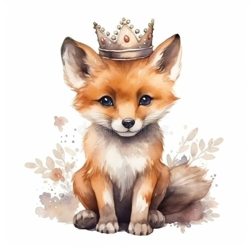 Cute Fox with a Crown. Watercolor Illustration Isolated on White ...