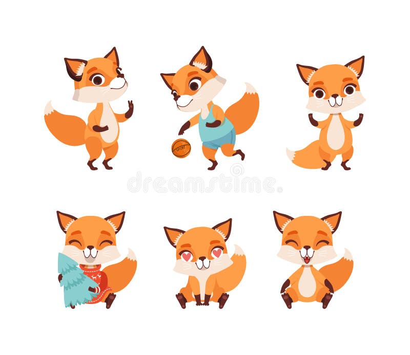 Cute Fox Cub in Different Everyday Activities Set Cartoon Vector ...