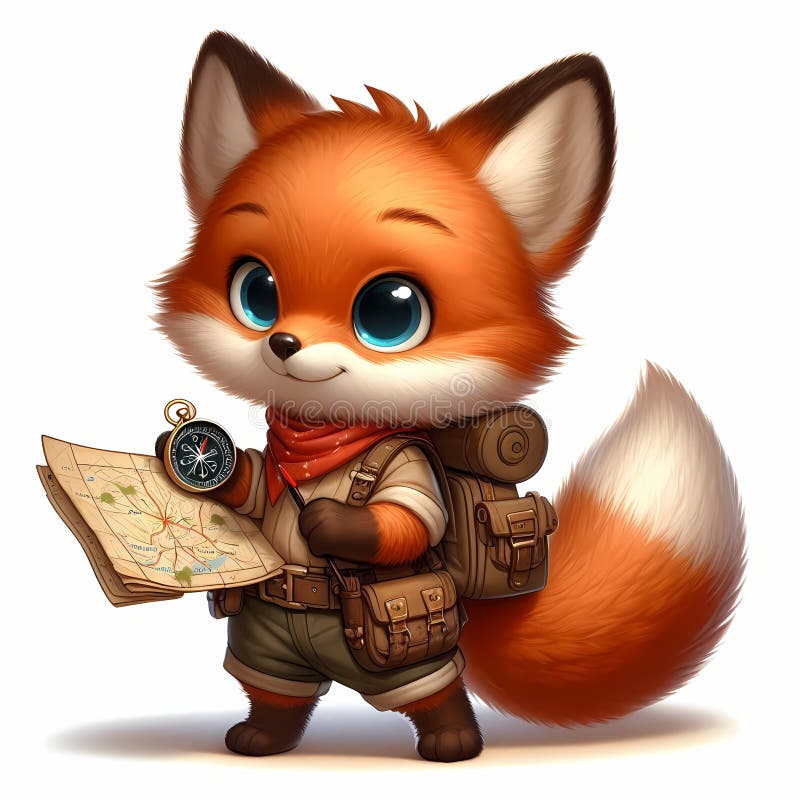 A Cute Fox Dressed As an Explorer, with a Small Backpack, Compass in ...