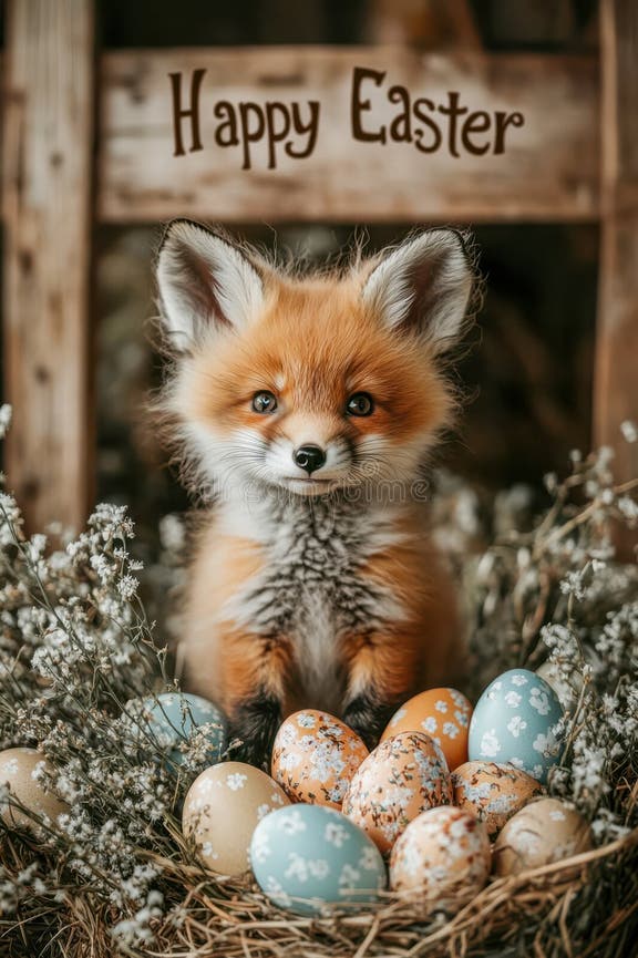 Cute Fox with Easter Eggs in Rustic Spring Setting Stock Illustration ...