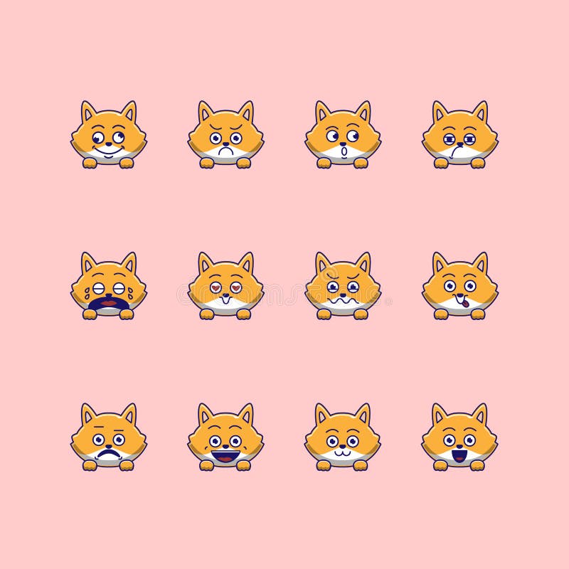 Cute Fox Emoticon Emoji Bundel Stock Vector - Illustration of isolated ...
