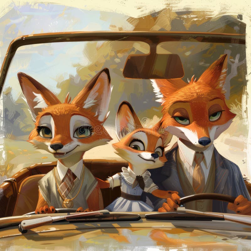 A Cute Fox Family is Riding in an Open-top Vehicle Stock Illustration ...