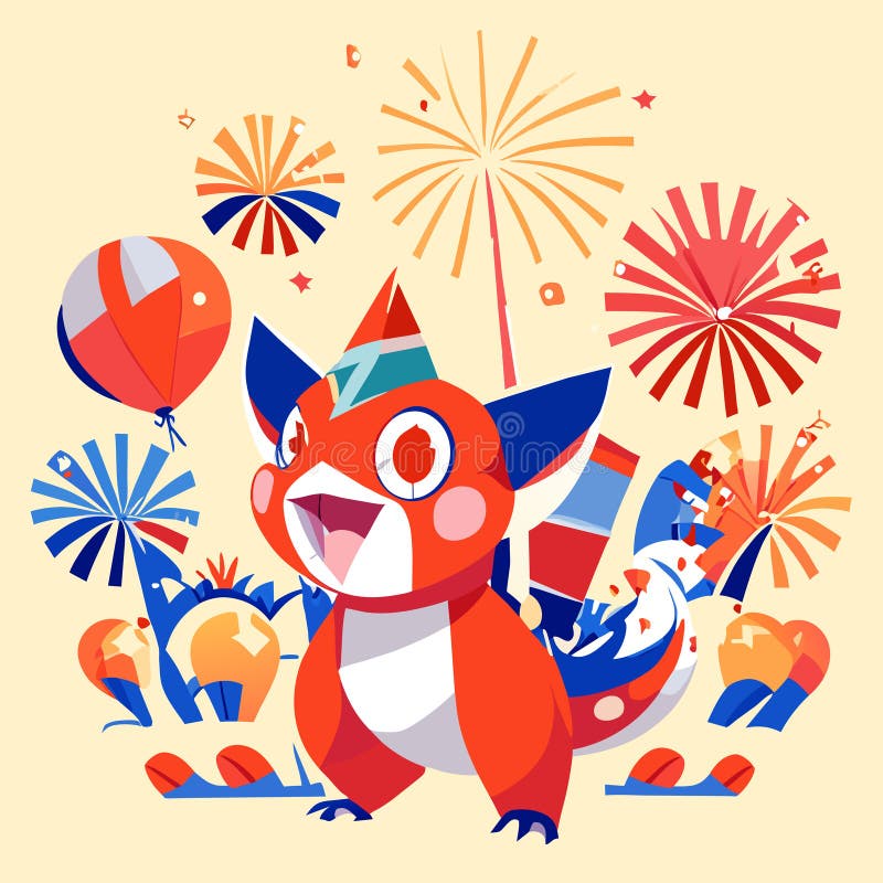 Cute Fox with Fireworks, Vector Illustration in Flat Cartoon Style. AI ...