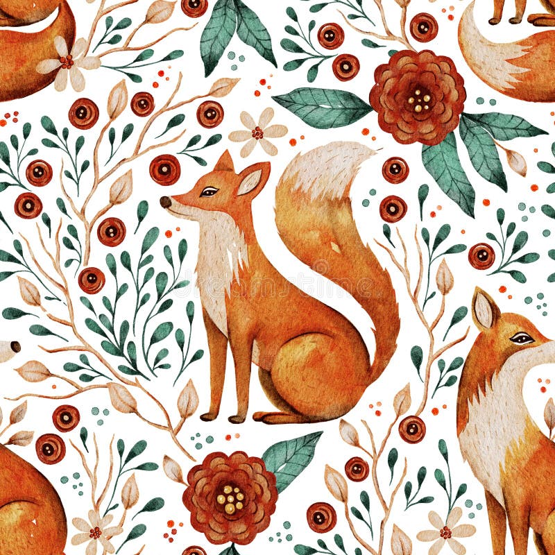 Cute Fox Forest Flower Watercolor Seamless Pattern Stock Illustration ...