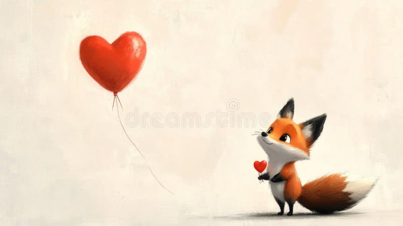 A Cute Fox Gazes at a Heart Shaped Balloon Stock Illustration ...