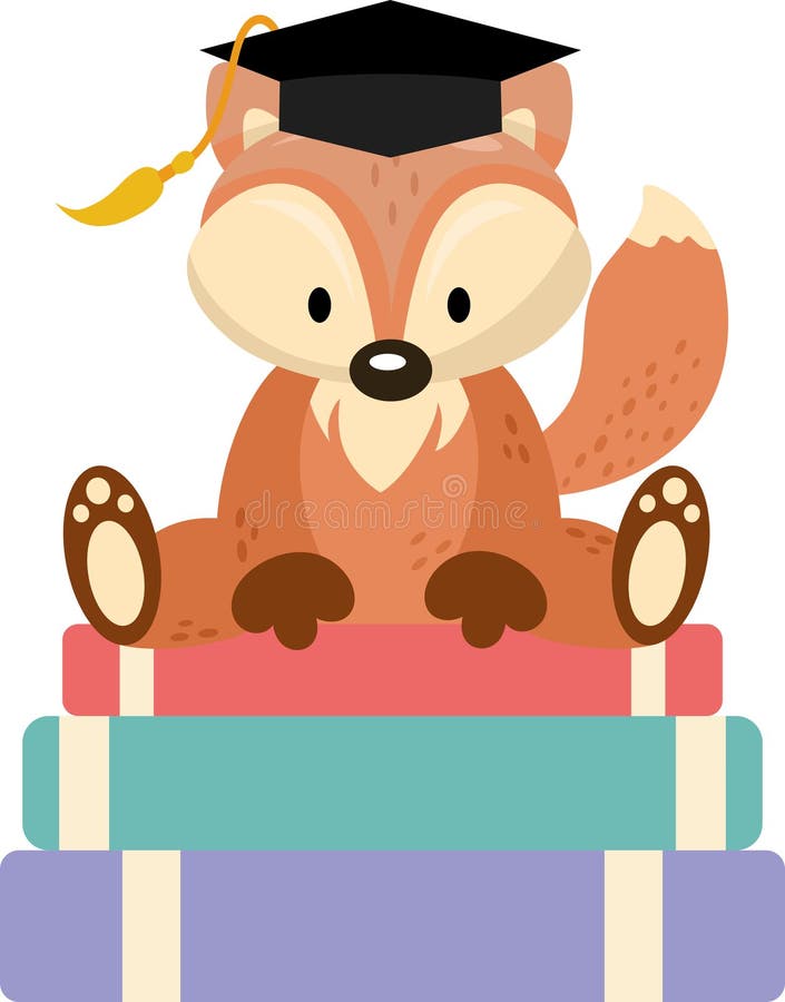 Cute Fox with Graduation Cap Sitting on Top of Books Stock Vector ...