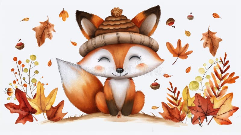 Cute Fox with a Hat Surrounded by Autumn Leaves, Acorns, and Branches ...
