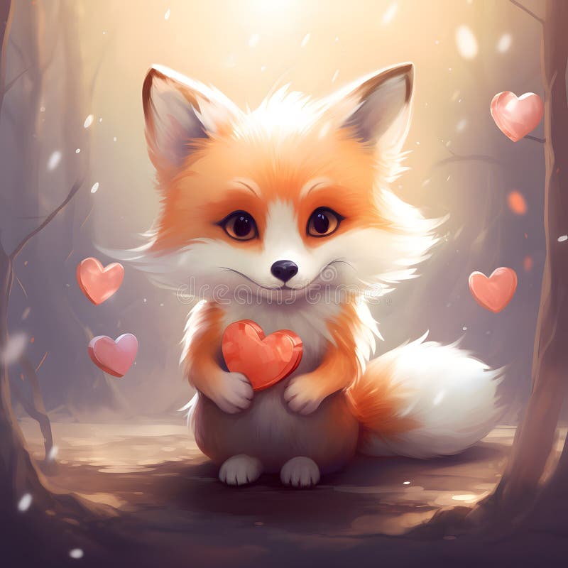 Cute Fox with Heart in Forest Stock Image - Image of cartoon, little ...