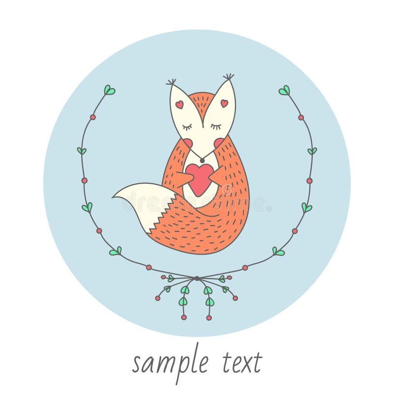 Cute Fox with Heart in Hands. Frame with Flowers. Sticker, Card, Label ...
