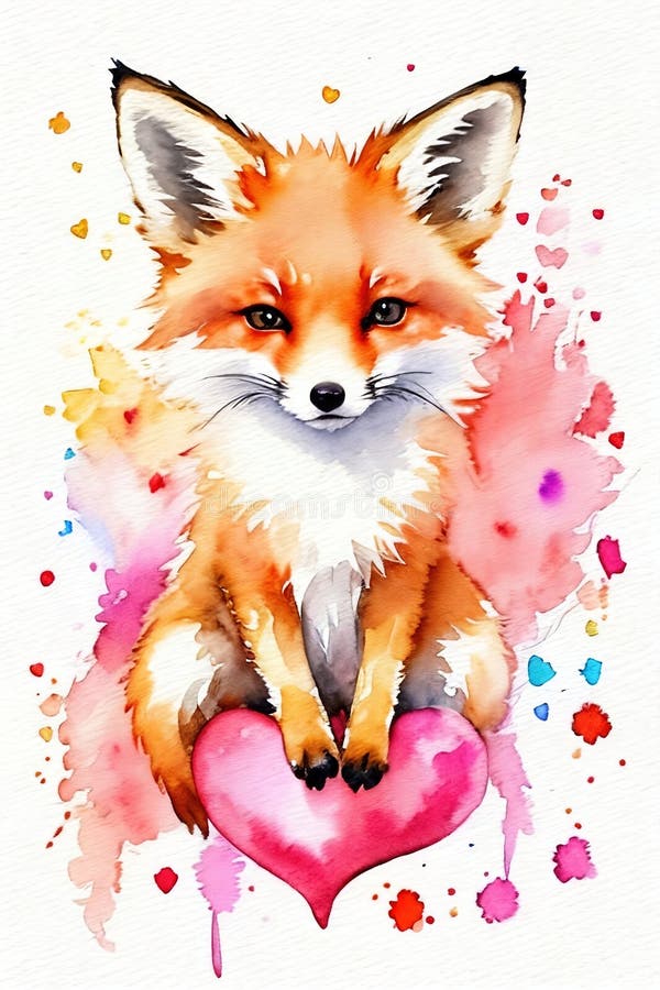 Cute Fox Holding and a Heart. Watercolor Drawing Stock Illustration ...