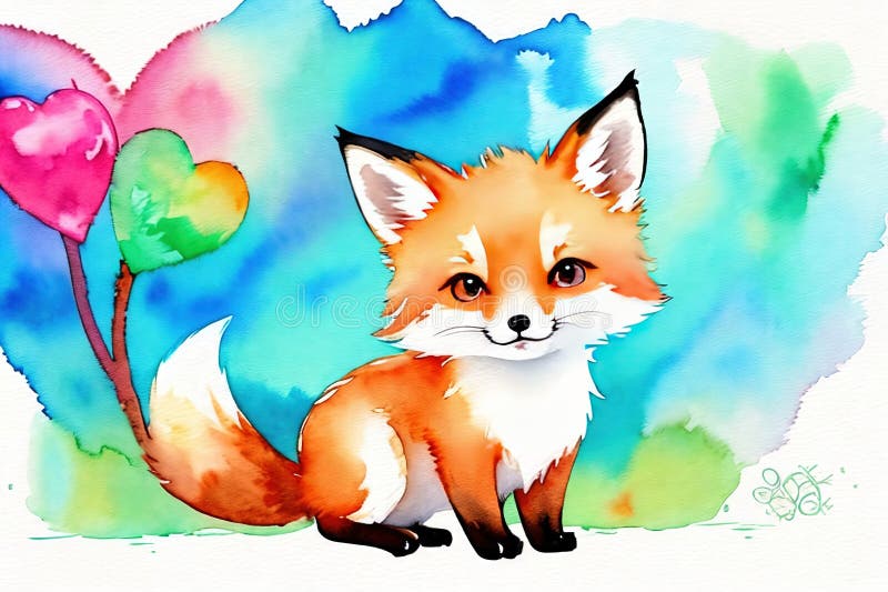 Cute Fox Holding and a Heart. Watercolor Drawing Stock Illustration ...