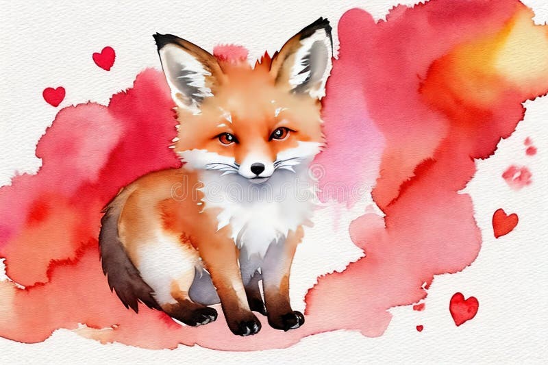 Cute Fox Holding and a Heart. Watercolor Drawing Stock Illustration ...
