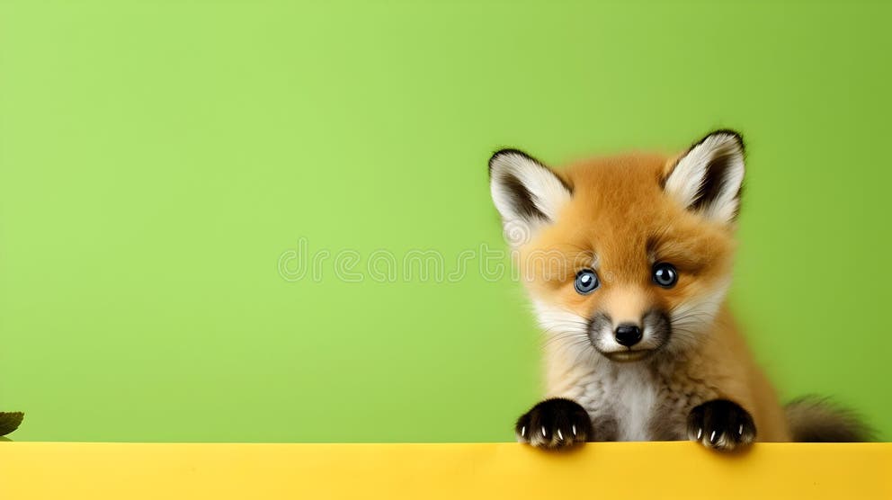 Cute Fox Kit Sitting on Solid Lime Background with Space for Text Stock ...