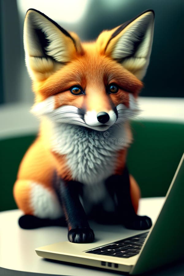Cute Fox with a Laptop on the Table. 3d Render Stock Illustration ...