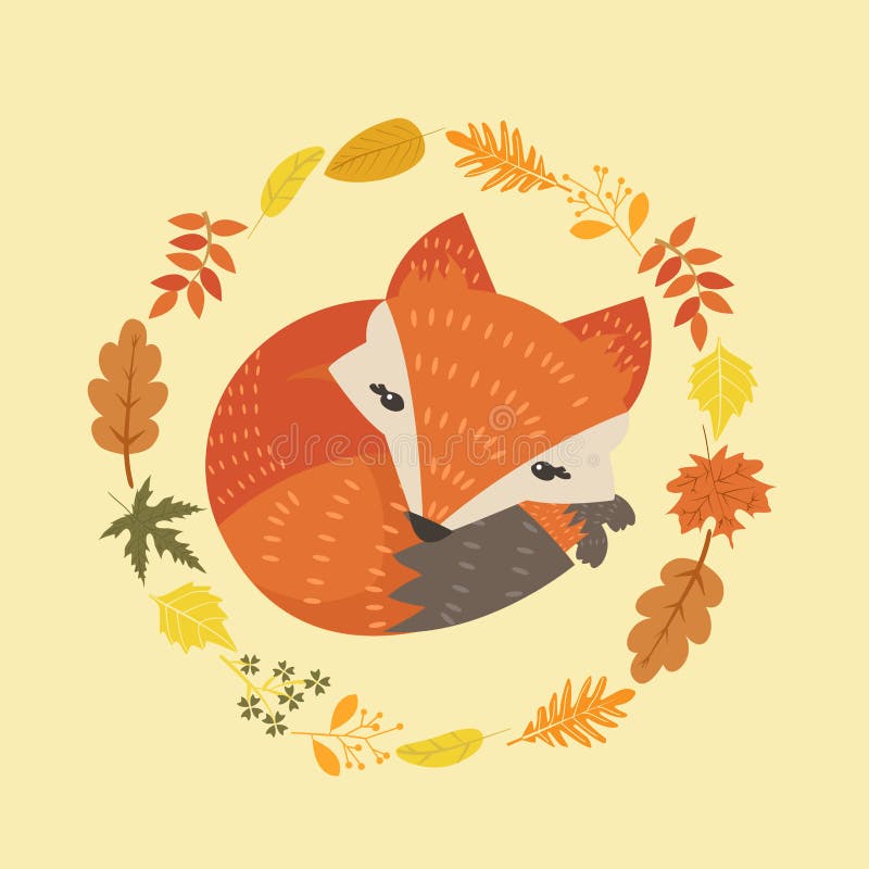 Cute Fox with Leaves Decoration Circle Design Stock Vector ...