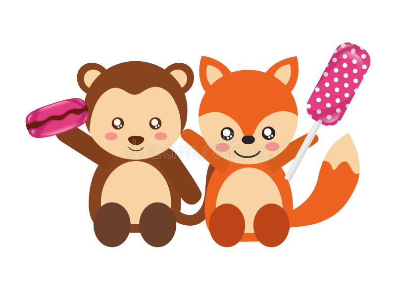 Cute Fox and Monkey Sweet Macaron Lollipop Stock Vector - Illustration ...