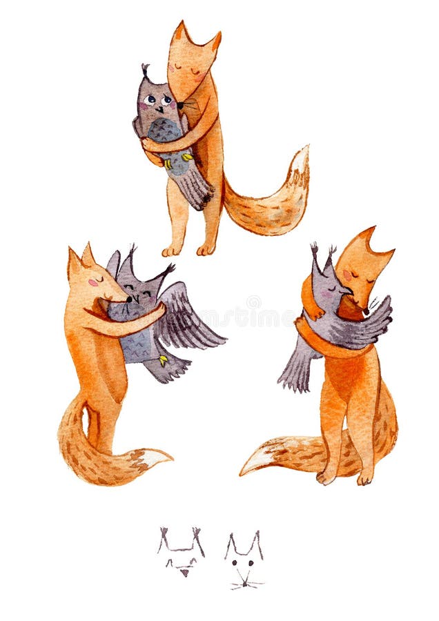 Cute fox and owl stock illustration. Illustration of bird - 94379205