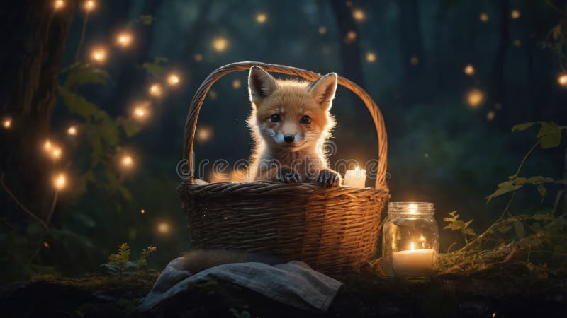 Adorable Red Fox Kit in a Basket with Fairy Lights Stock Illustration - Illustration of light ...