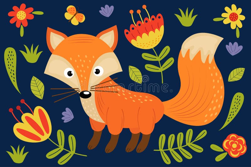Cute fox and plants stock vector. Illustration of mammals - 108694297