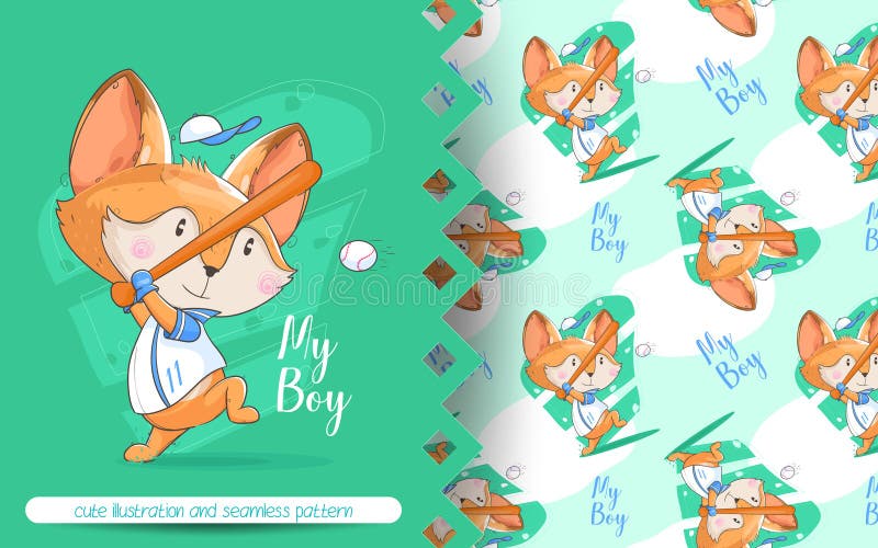 Cute Fox Playing Baseball Illustration and Seamless Pattern Stock ...