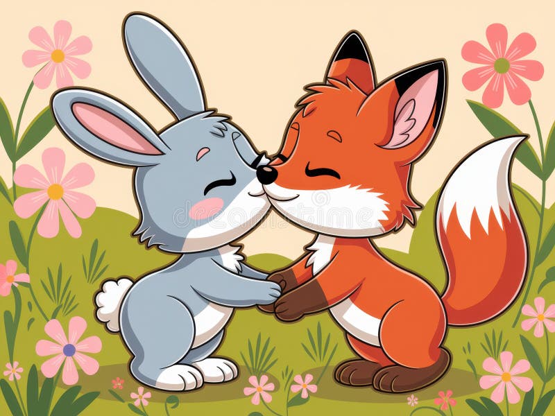 Cute Fox and Rabbit Embrace in Floral Meadow Cartoon Scene Stock Illustration - Illustration of ...