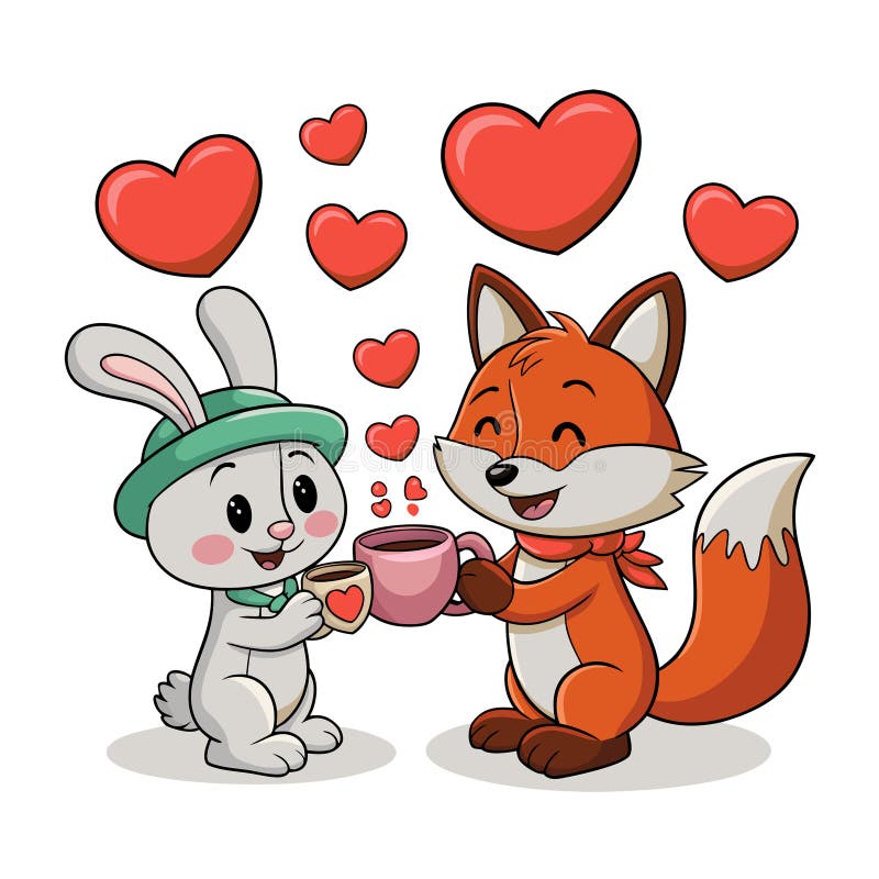 Cute Fox and Rabbit Sharing Coffee Surrounded by Hearts Vector ...