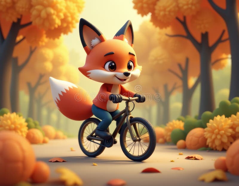Cute Fox Riding a Bike in Autumn Park Stock Illustration - Illustration ...