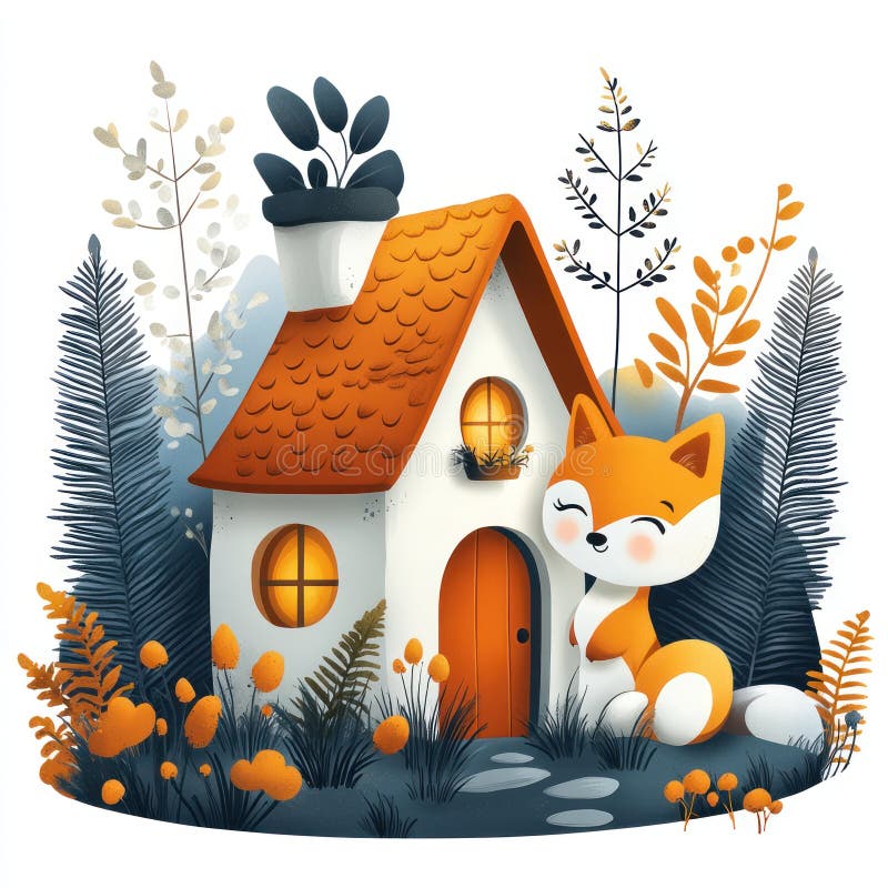 Cute Fox Sitting in Front of a Small House Illustration Stock ...