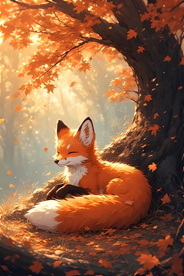 Cute Fox Sleeping Under a Tree Stock Illustration - Illustration of ...