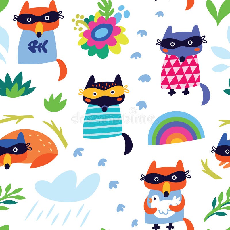 Cute Fox Thieves Seamless Pattern. Vector Illustration Stock Vector ...