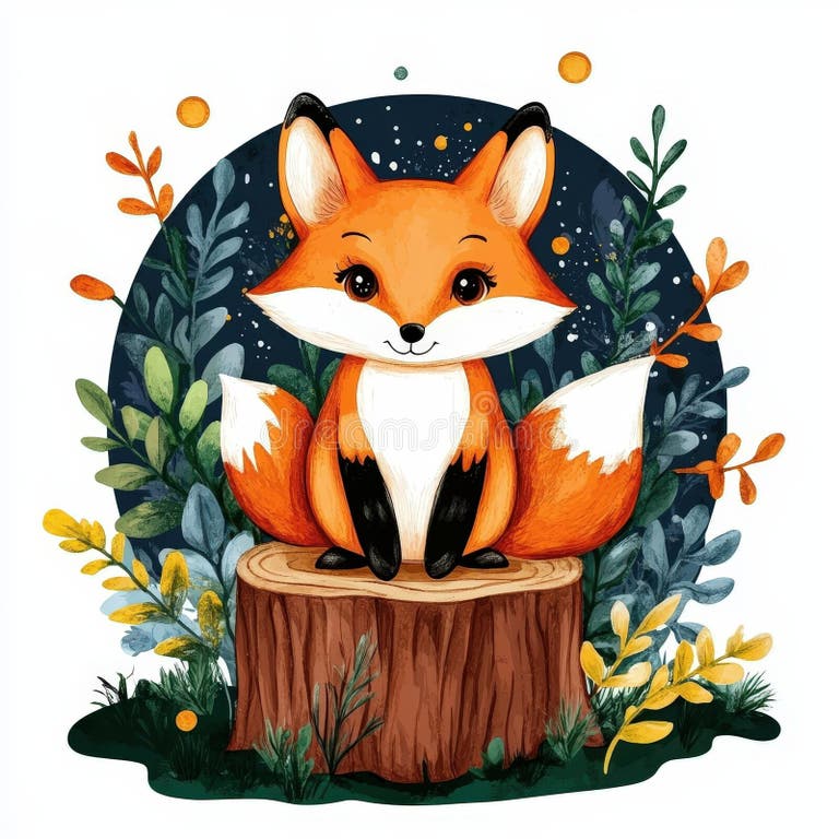 Cute Fox on Tree Stump stock illustration. Illustration of stump ...