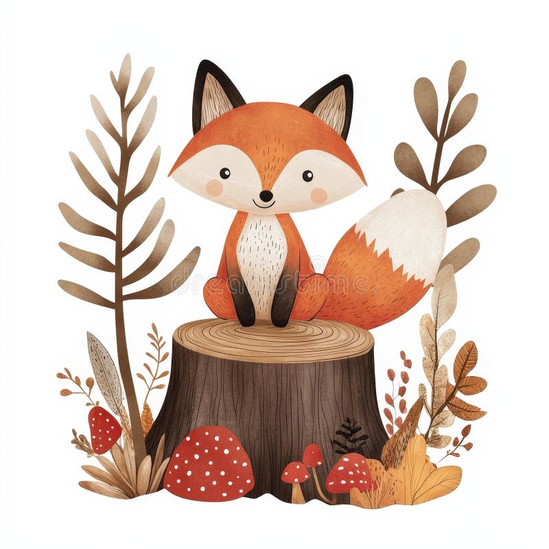 Cute Fox on Tree Stump stock illustration. Illustration of mushrooms ...