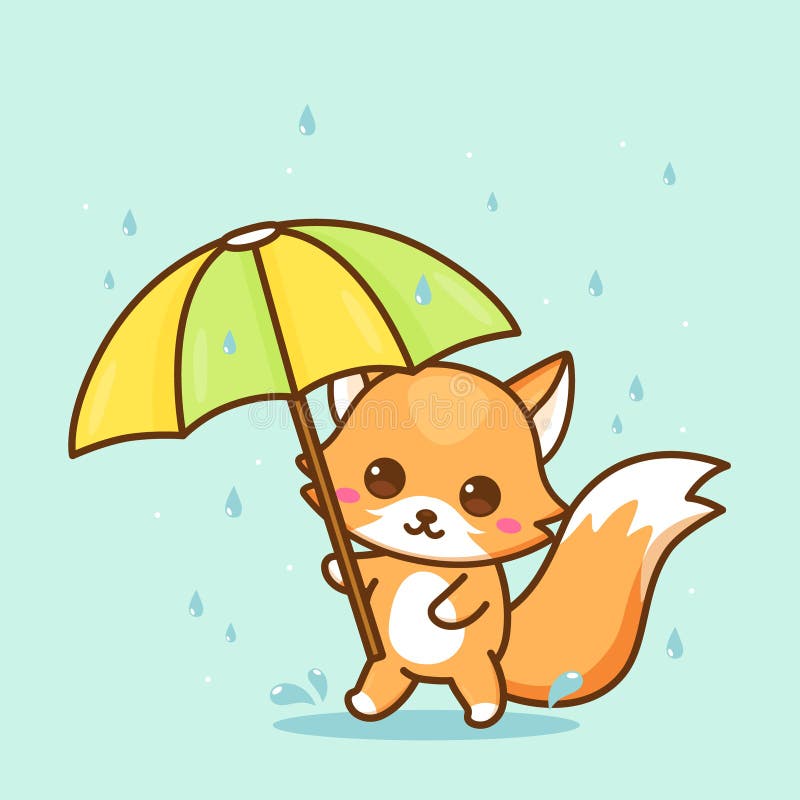 Cute Fox Under the Umbrella in the Rain Stock Vector - Illustration of ...