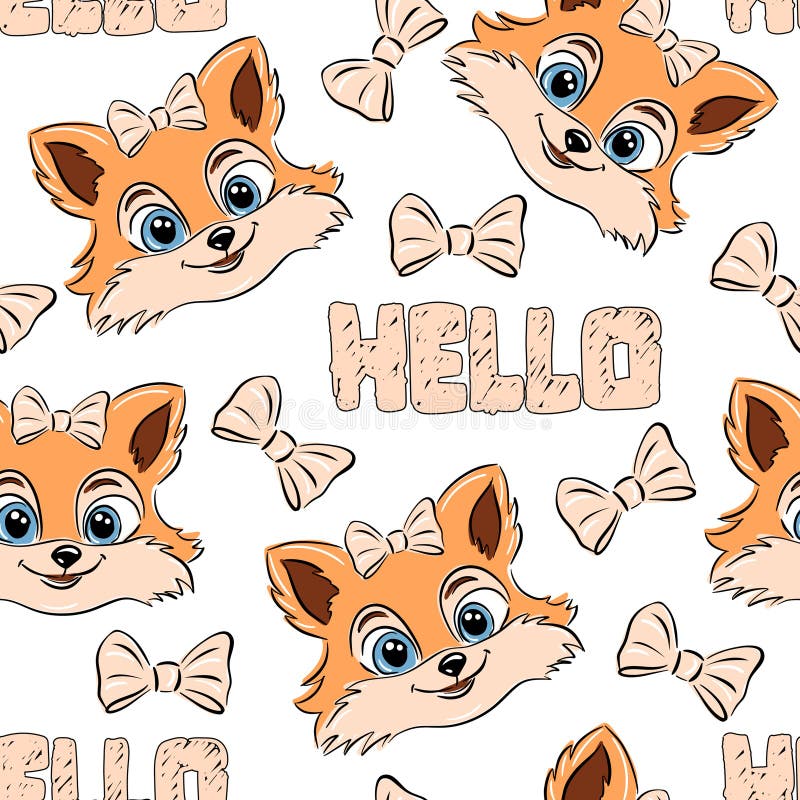 Cute Fox Vector Kids Pattern Seamless Trendy Print with Hello, Fabric ...