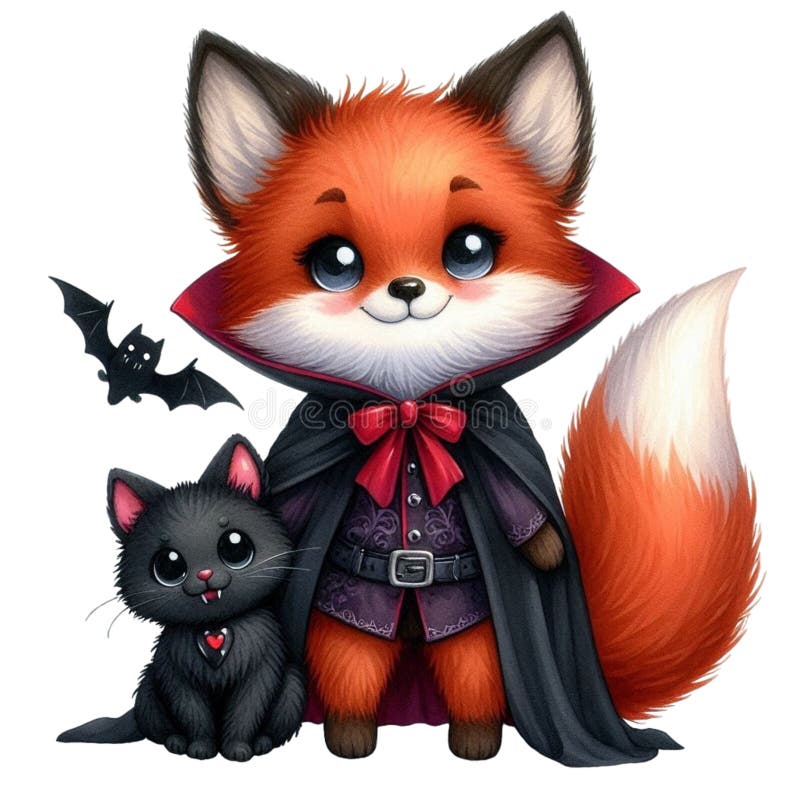 Cute Fox Wearing Vampire Costume Clipart Watercolor Stock Illustration ...