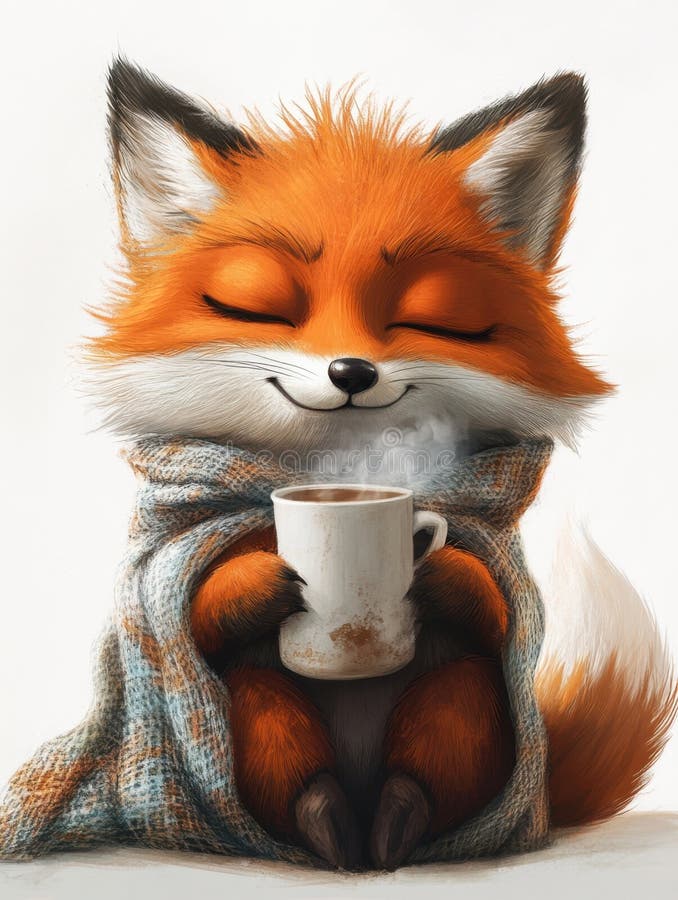 Cute Fox Wrapped in Cozy Blanket Holding a Steaming Mug of Hot Drink ...