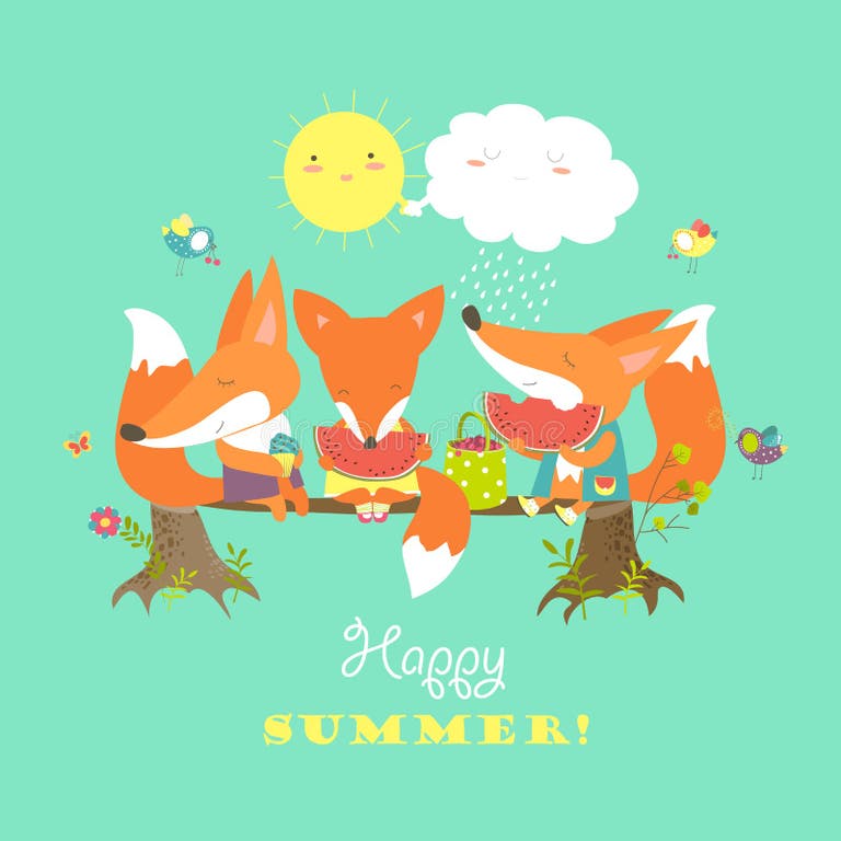 Cute Foxes Eating Watermelon Stock Vector - Illustration of stump ...