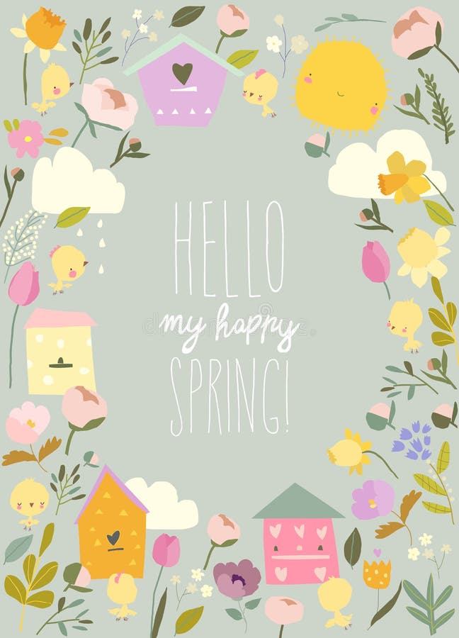 Cute Frame Composed of Spring Flowers, Birds and Birdhouses Stock ...