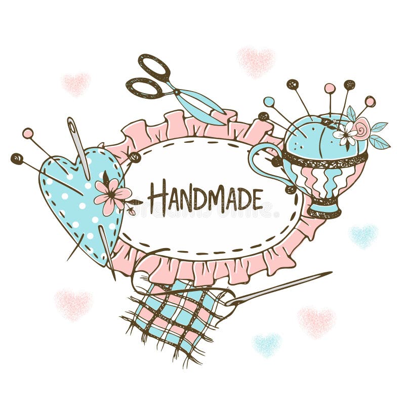 Cute Frame with Ruffle in Doodle Style with Sewing Accessories. Vector ...