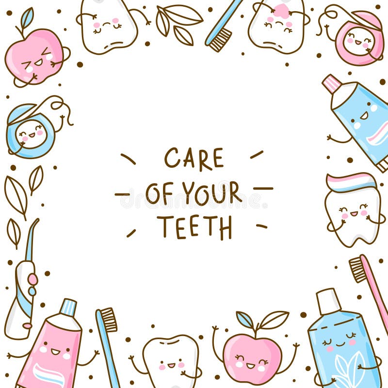 Cute Frame with Teeth and Objects for Dental Care Isolated on White ...