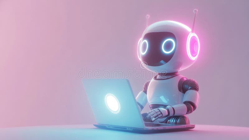 Cute Friendly Artificial Intelligence Robot Using Laptop Computer with ...