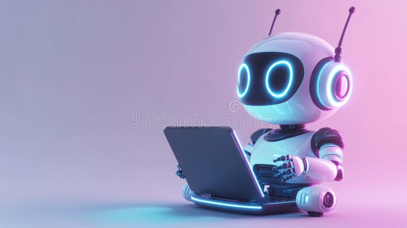 Cute Friendly Artificial Intelligence Robot Using Laptop Computer with ...