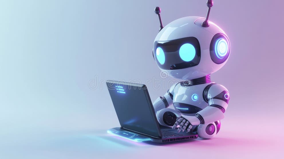 Cute Friendly Artificial Intelligence Robot Using Laptop Computer with ...
