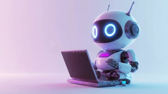 Cute Friendly Artificial Intelligence Robot Using Laptop Computer with Blue Neon Glow Light ...