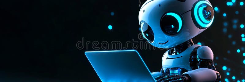 Cute Friendly Artificial Intelligence Robot Using Laptop Computer with ...