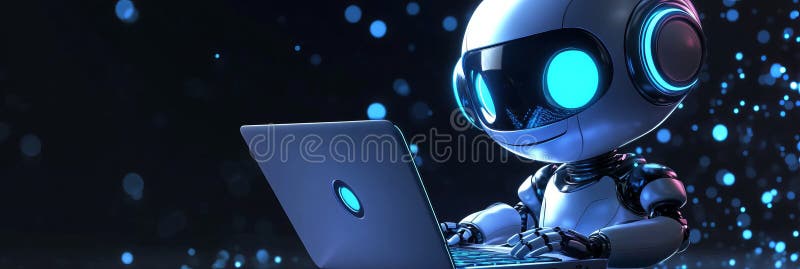 Cute Friendly Artificial Intelligence Robot Using Laptop Computer with ...