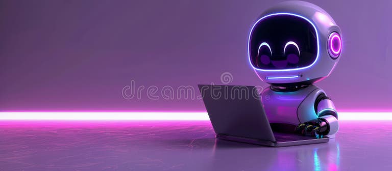 Cute Friendly Artificial Intelligence Robot Using Laptop Computer with ...