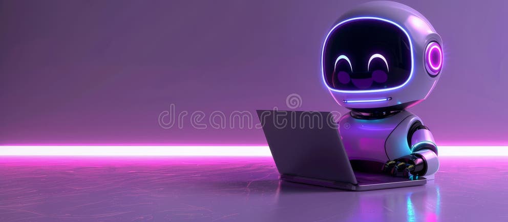 Cute Friendly Artificial Intelligence Robot Using Laptop Computer with ...