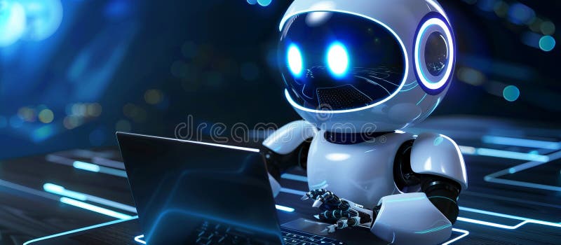 Cute Friendly Artificial Intelligence Robot Using Laptop Computer with ...
